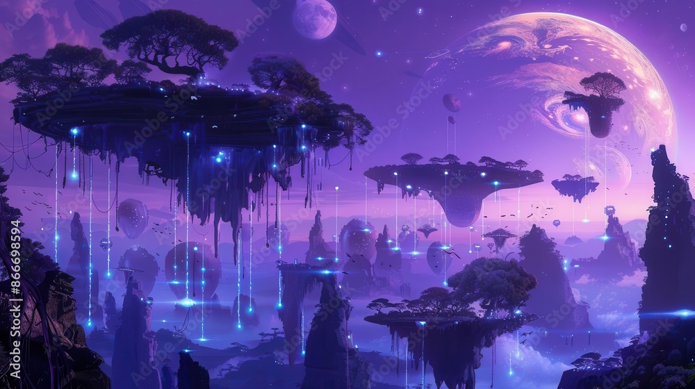 surreal alien landscape with floating islands bioluminescent vegetation ...