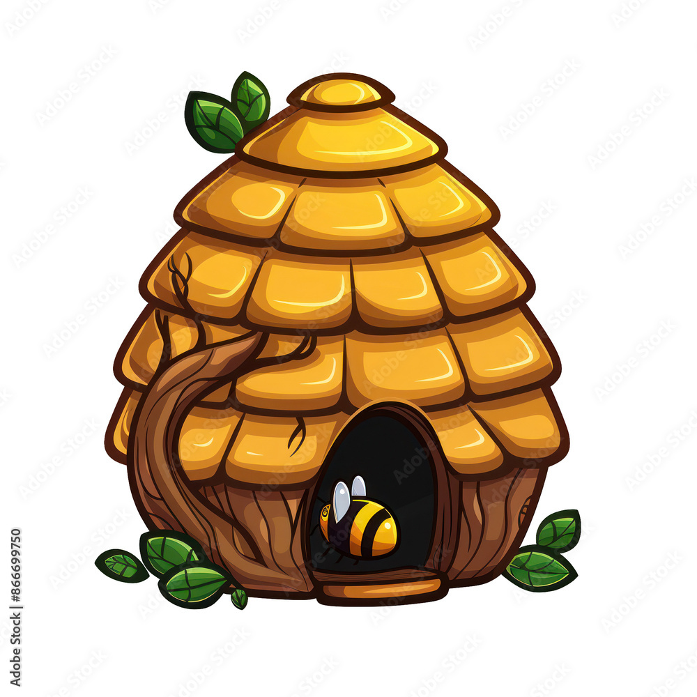 Cute cartoon beehive with a bee at the entrance, surrounded by leaves ...