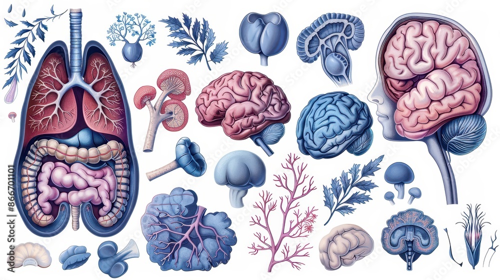 Detailed anatomical medical illustration displaying human organs and ...
