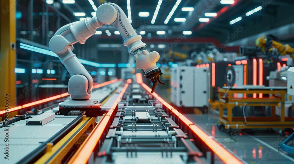 Robotic arm in industrial setting automating assembly line in ...