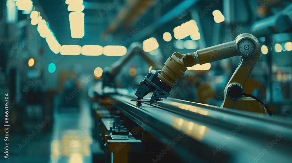 Robotic arm in industrial setting automating assembly line in ...