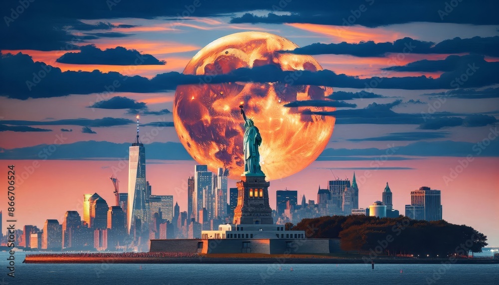 The Statue of Liberty Under a Fiery Moon - A surreal depiction of the ...
