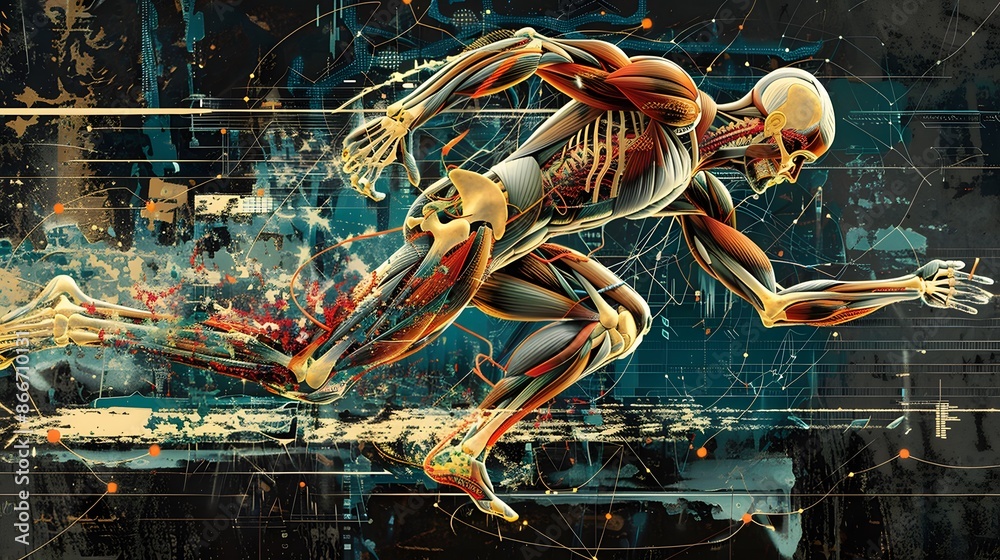 A detailed, artistic rendering of the human body in motion, showing the ...