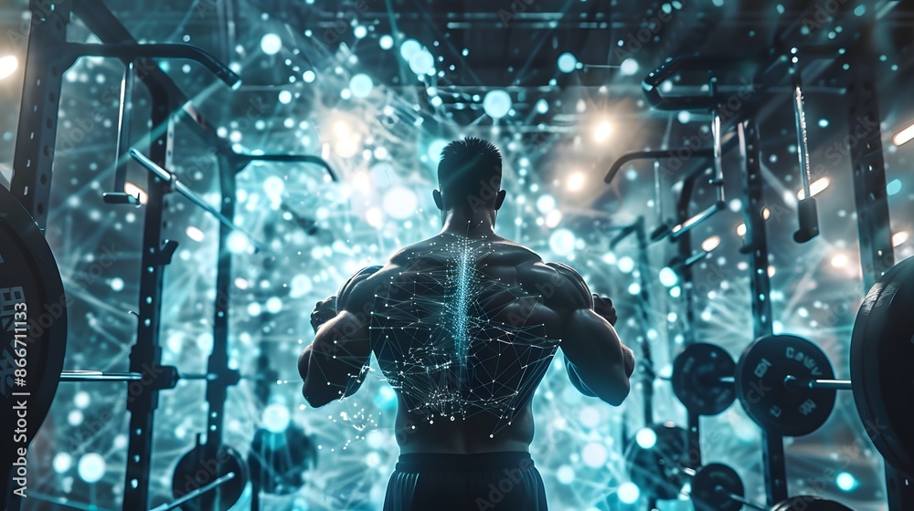 A bodybuilder lifting heavy weights in a modern gym, muscles visibly ...