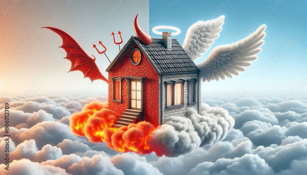 Heaven and Hell House in the Clouds - A brick house with devil and ...