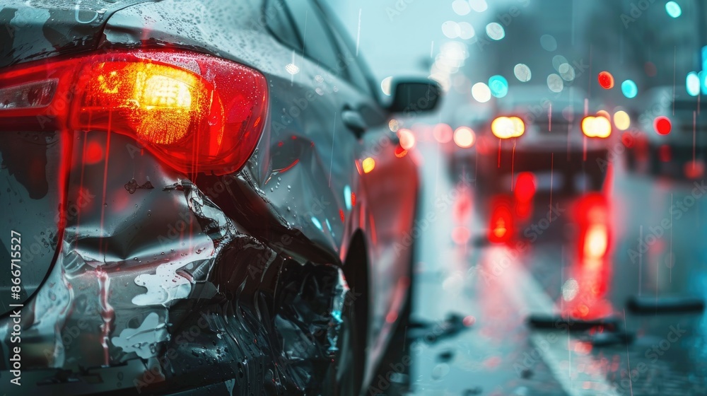Rain-soaked car with rear-end damage from a traffic accident, close-up ...