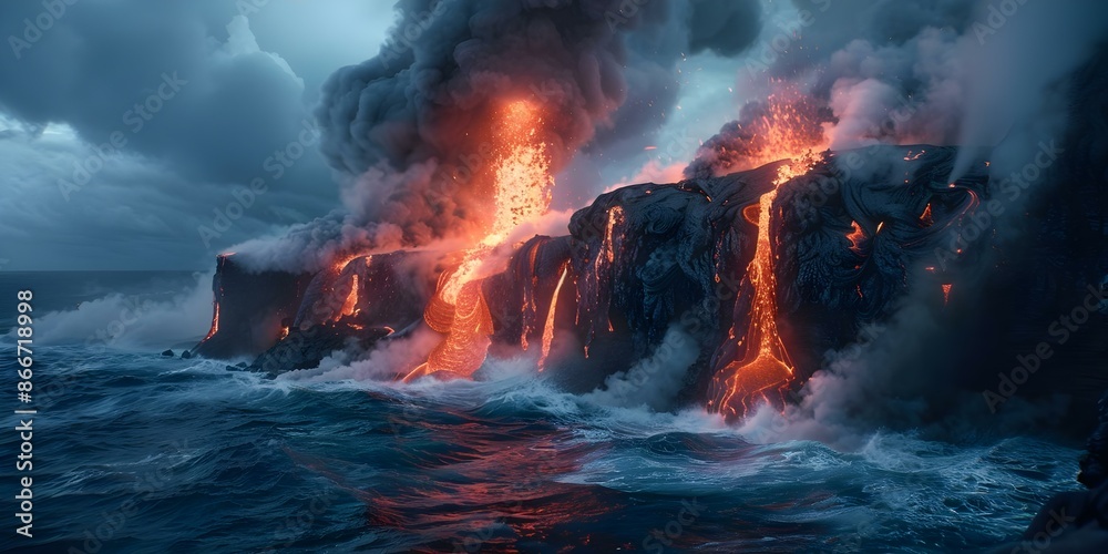 Lava from volcano meets ocean, creating steam and smoke. Concept ...
