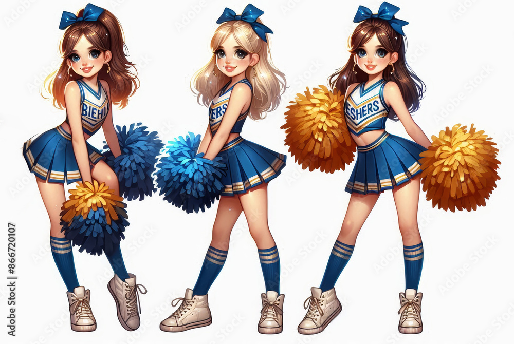 Cheerleaders in Blue and Yellow Uniforms - Three anime-style ...
