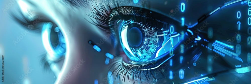 iris scan technology concept with blue eye and digital UX/UI Stock ...