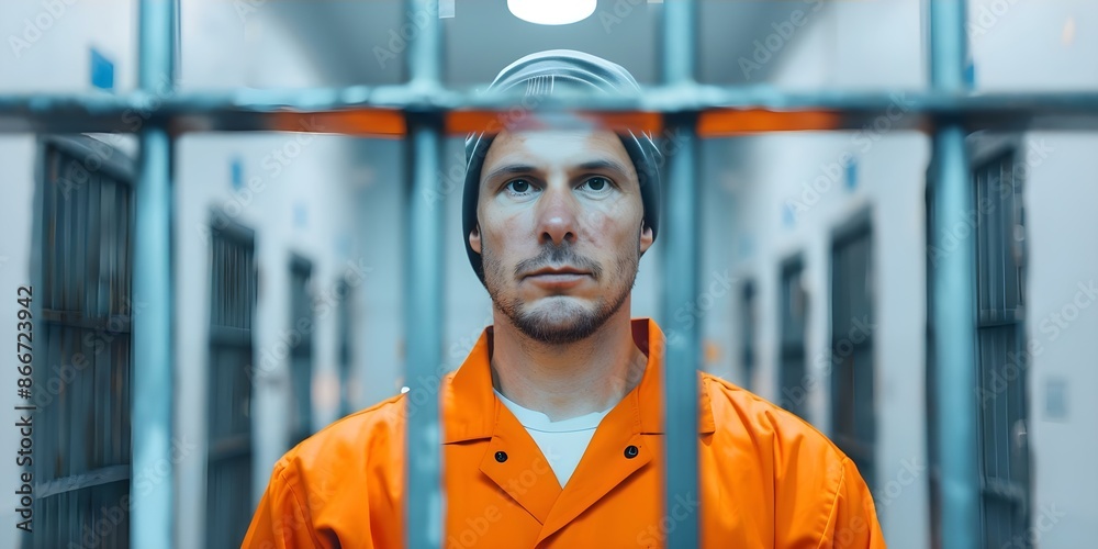 Male prisoner in orange uniform stands behind metal bars in prison cell ...