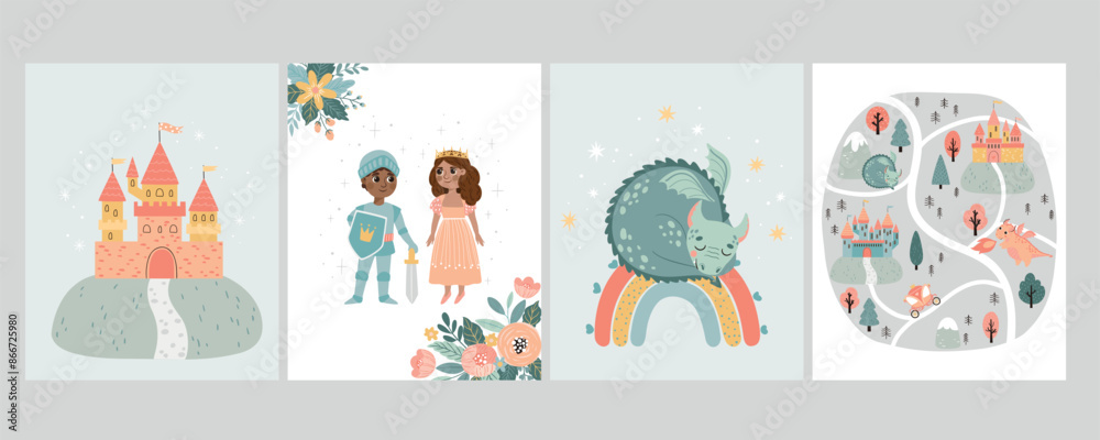 A set of vector children's magic greeting cards featuring princes ...