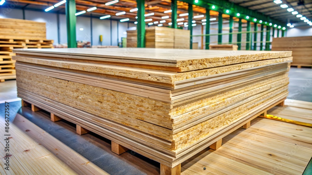 The stack of OSB sheets are stacked in a hardware store on a pallet ...