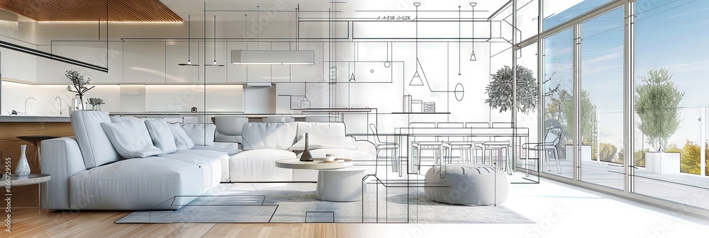 living room design concept with half real photo and half interior ...