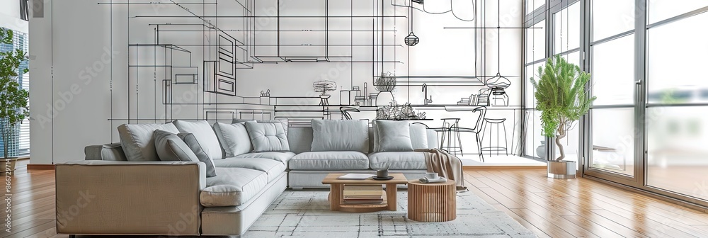 living room design concept with half real photo and half interior ...