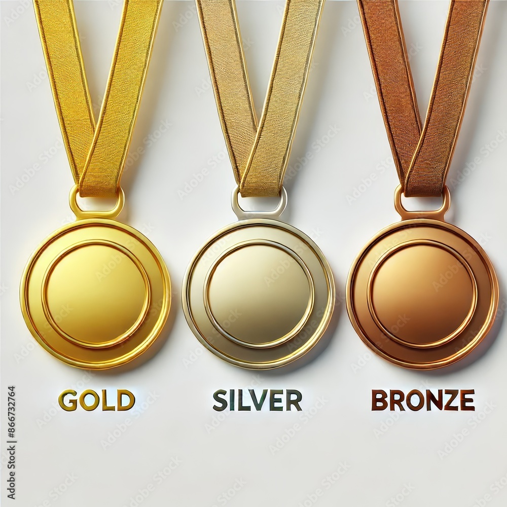 Gold, Silver, and Bronze Medals with Ribbons - Three medals, one gold ...