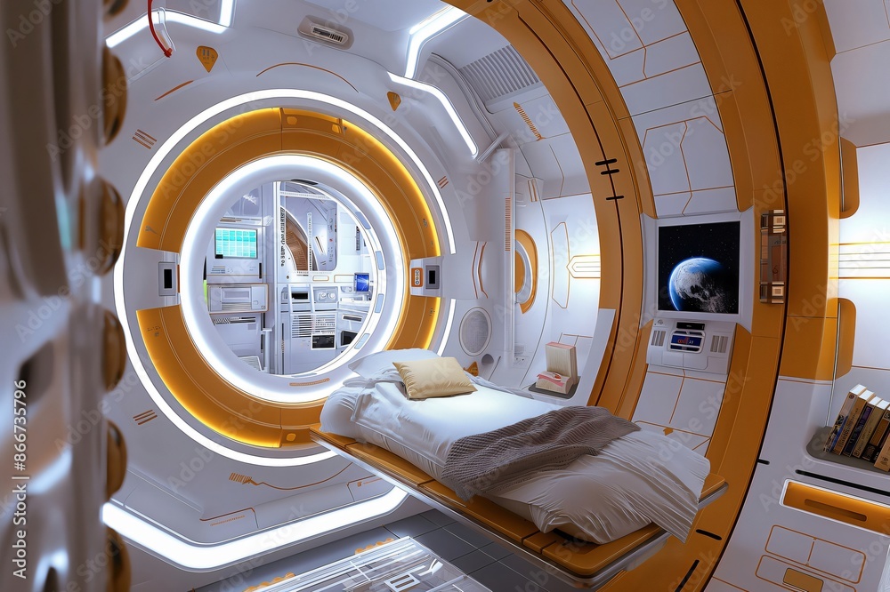 Interior of a rotating space habitat with artificial gravity showing a ...