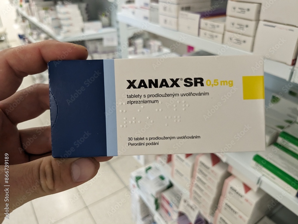 Prague, Czech Republic - June 28, 2024: XANAX box of medication with ...