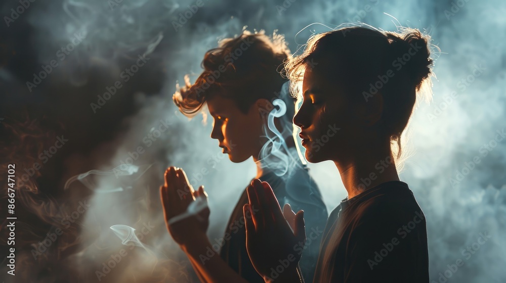 Prayerful youth: Teenagers in deep prayer, smoke adding a mystical ...