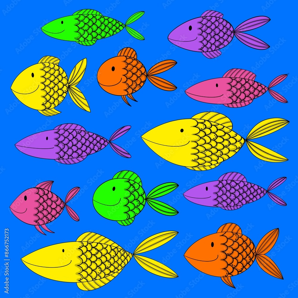 Illustration of a multiple fun cartoon fish swimming underwater ...