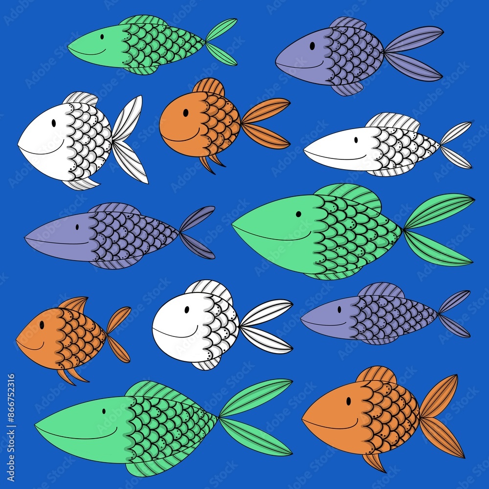Illustration of a multiple fun cartoon fish swimming underwater ...