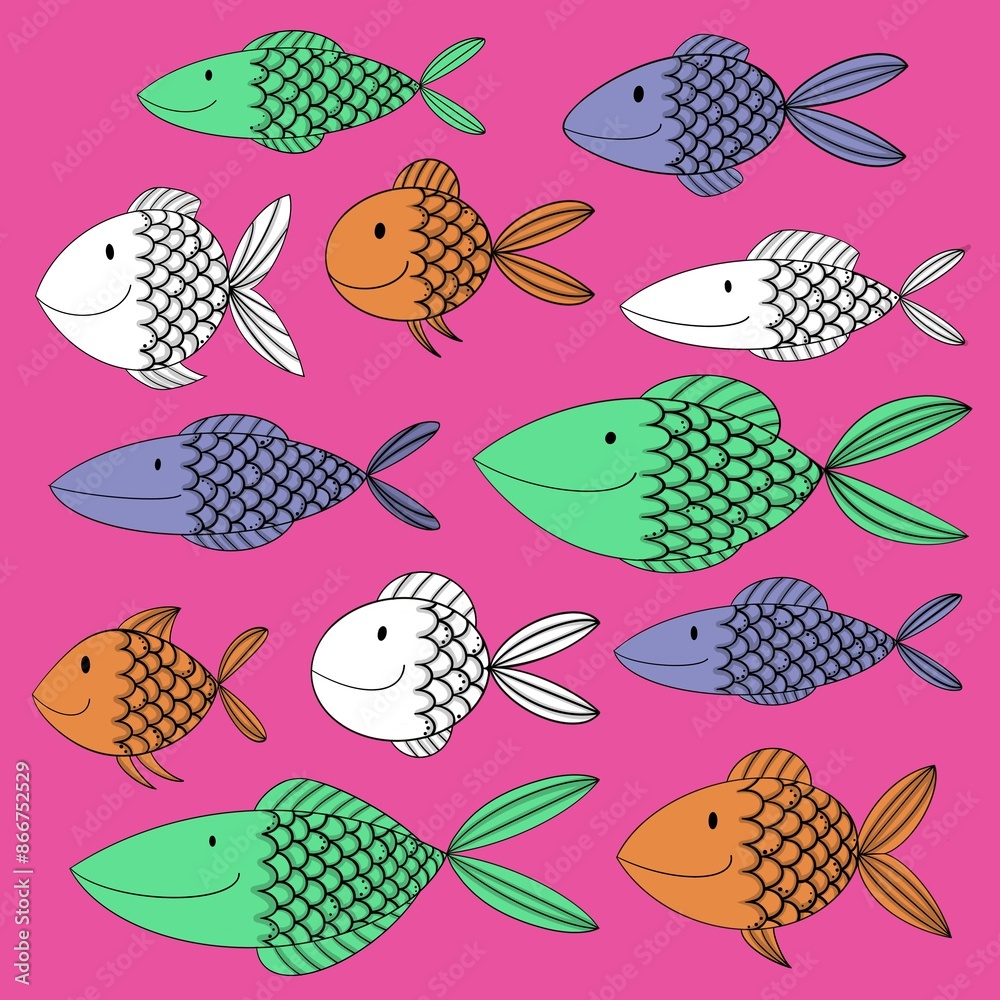 Illustration of a multiple fun cartoon fish swimming underwater ...