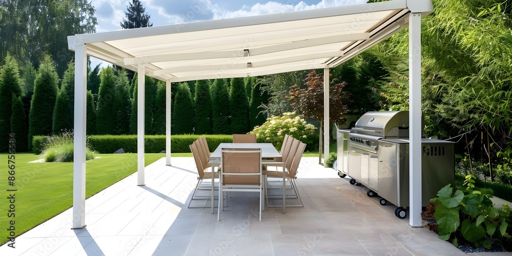 Contemporary patio set with pergola awning dining table metal grill and ...