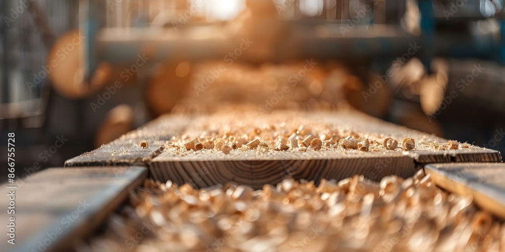 Detailed view of wood processing at sawmill focusing on log operations ...