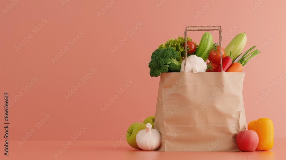 Virtual grocery shopping interface showing a 3D paper bag being filled ...