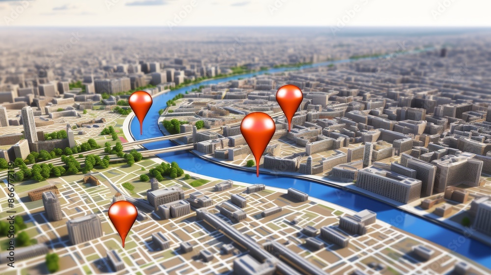 Digital gps mapping pinpoint location on map with route path ...