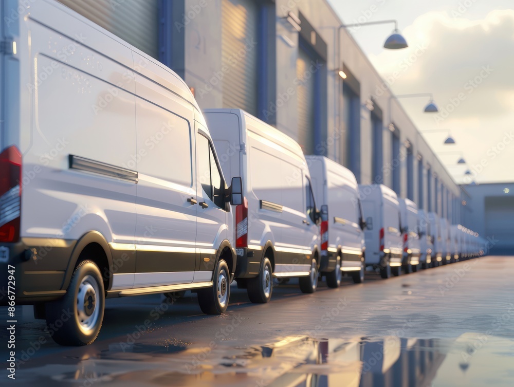 Delivery Van Fleet at Distribution Warehouse. The modern white vans in ...