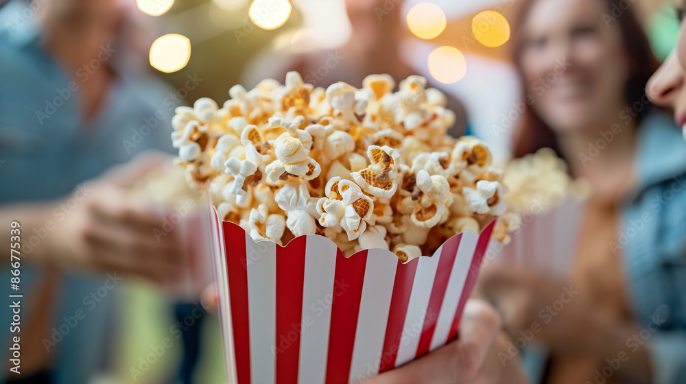 Outdoor festival setting, popcorn stands with bags of freshly popped ...