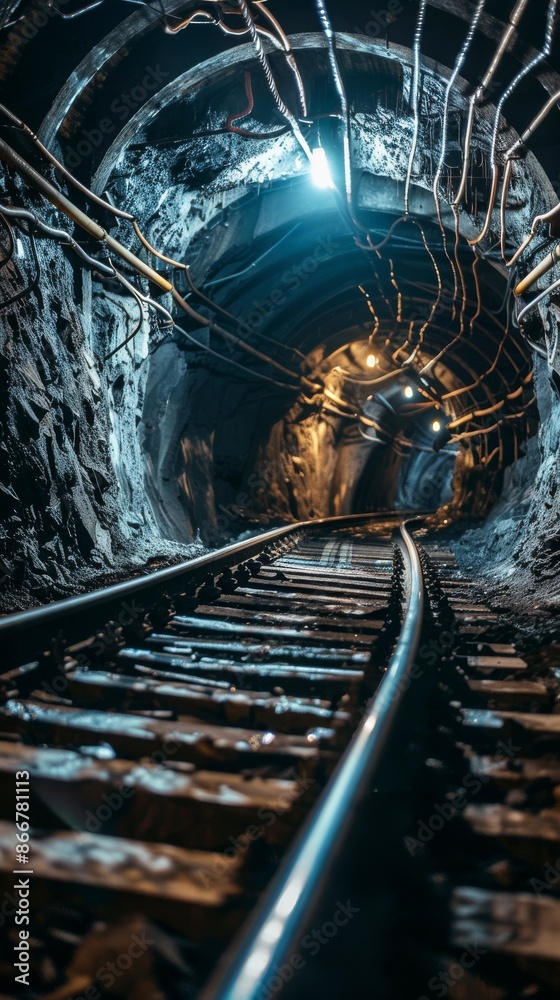 Railway tunnel with ceiling lights underground, industrial mining ...