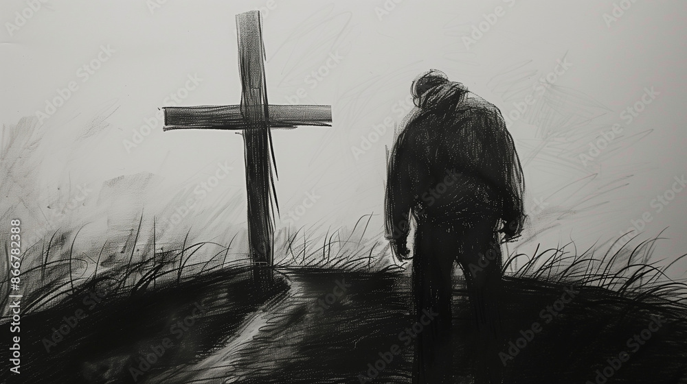 outline of a man standing near a cross, digital drawing, created with ...