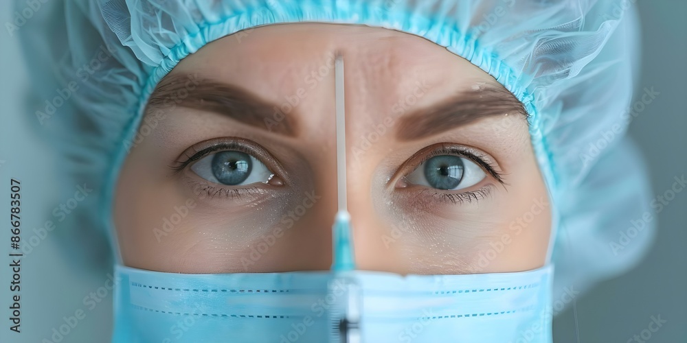 Closeup image of medical cap for botox injections on forehead. Concept ...