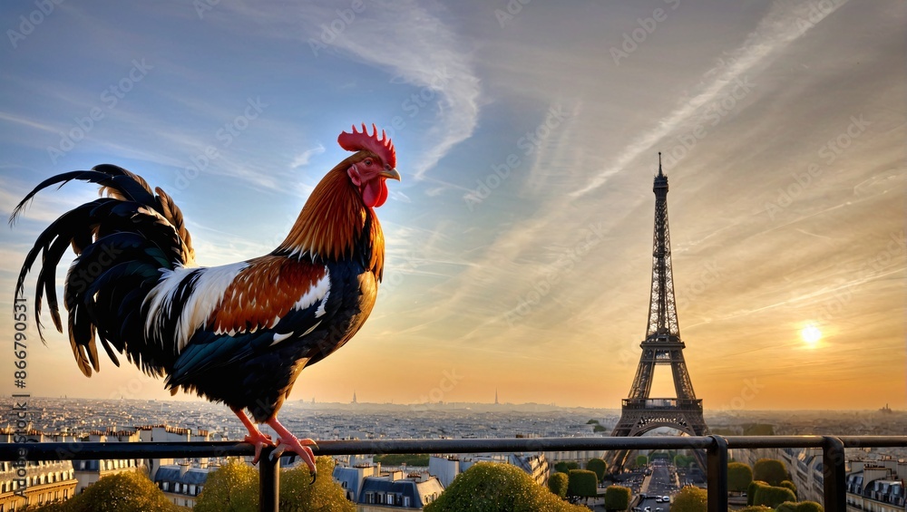 National bird of france gallic rooster against french landscape. Stock ...