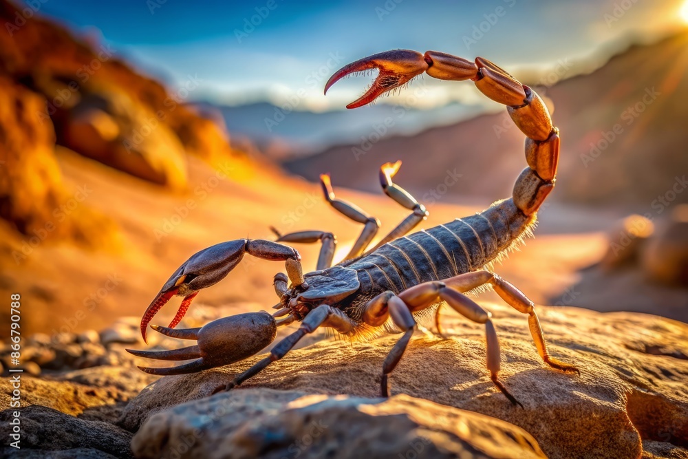 Sharp, curved scorpion tail arches upward, poised to strike, with ...
