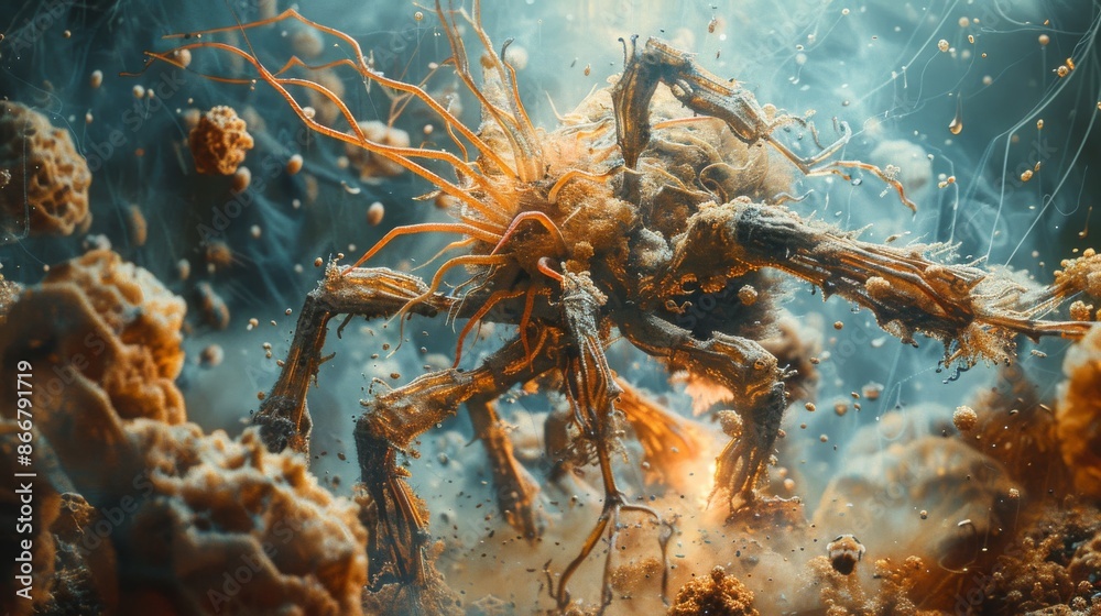 This image depicts an artistic representation of a microscopic organism ...