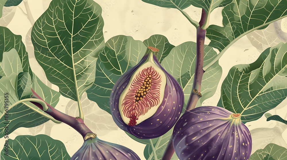 Series of illustrations the Fig Ficus carica highlighting its summer to ...