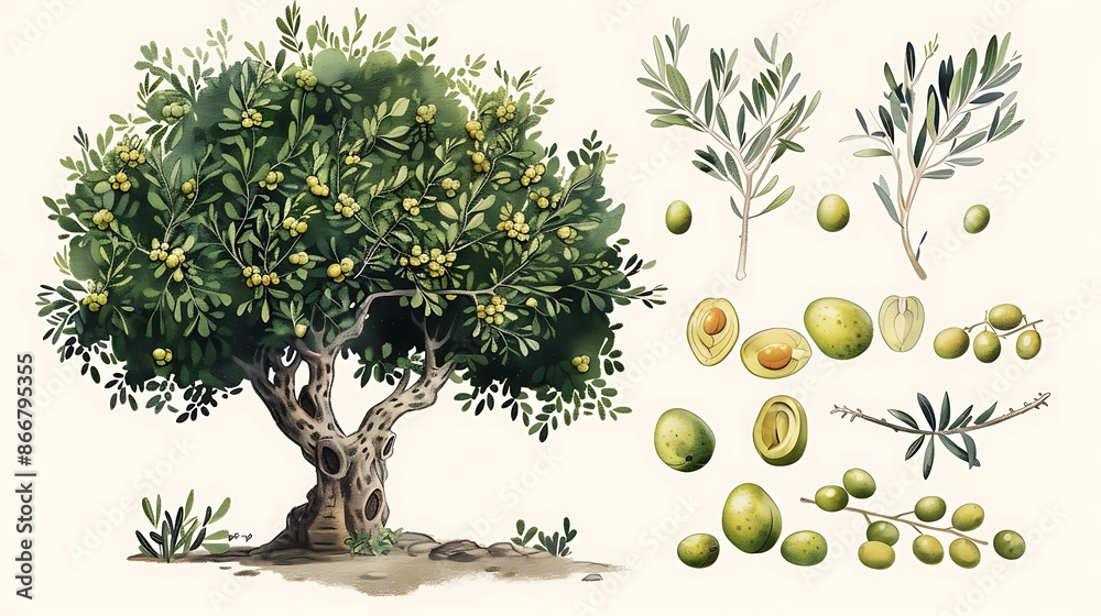 Series of illustrations Olive Tree Olea europaea highlighting its ...