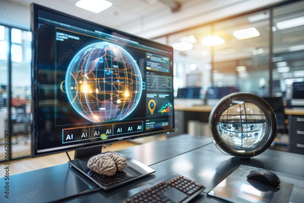 AI workstation with holographic globe, digital transformation, tech ...