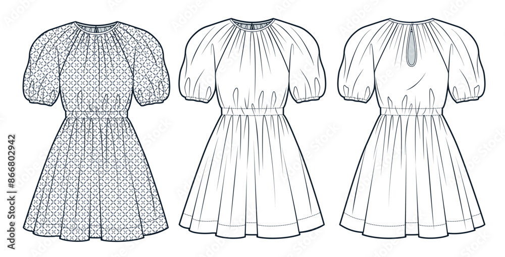 Puff Sleeve Dress technical fashion illustration. Mini Dress fashion ...