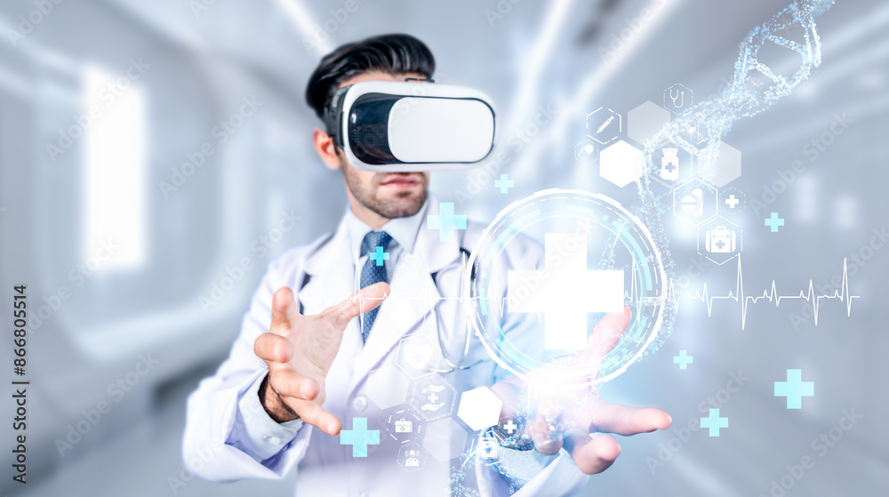 Professional doctor wearing lab coat and VR headset while looking at ...