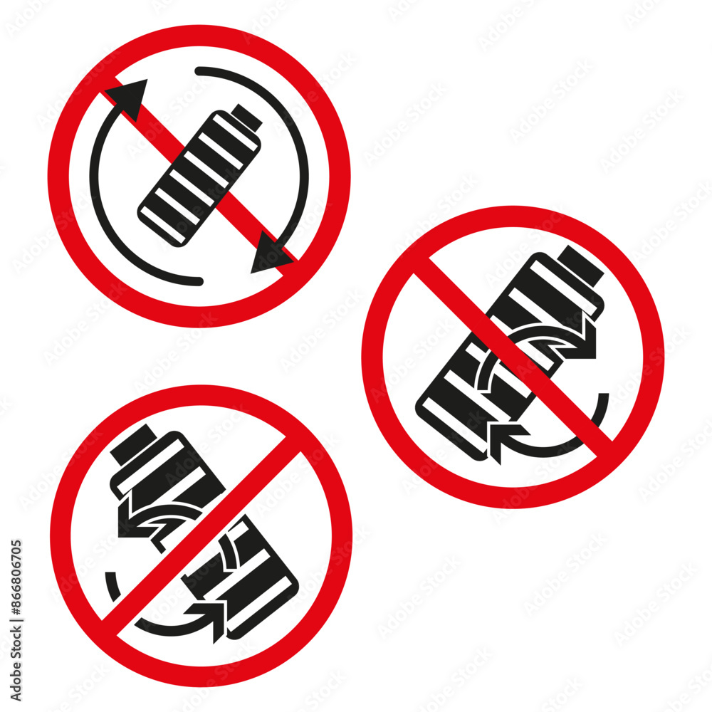 No battery recharge icons. Red prohibition symbols. Black and white ...