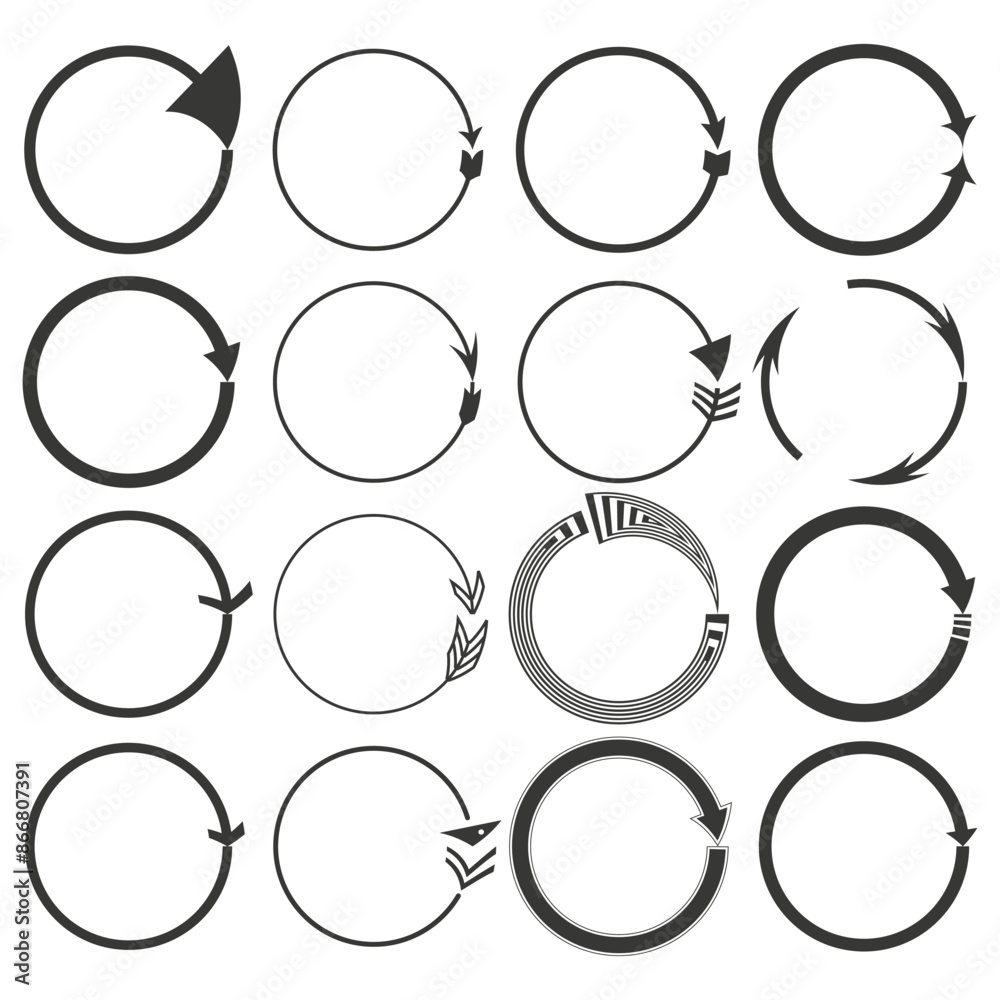 Circular arrow icons. Cycle and loop symbols. Black and white vector ...
