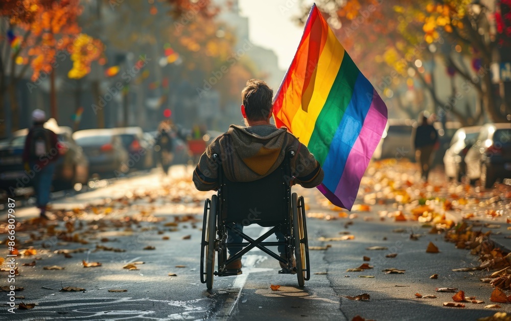 A disabled gay man in a wheelchair is seen from behind, walking down a ...