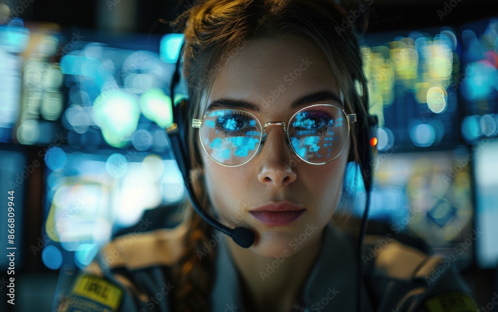 A close-up photo of a female call center operators face, showcasing her ...