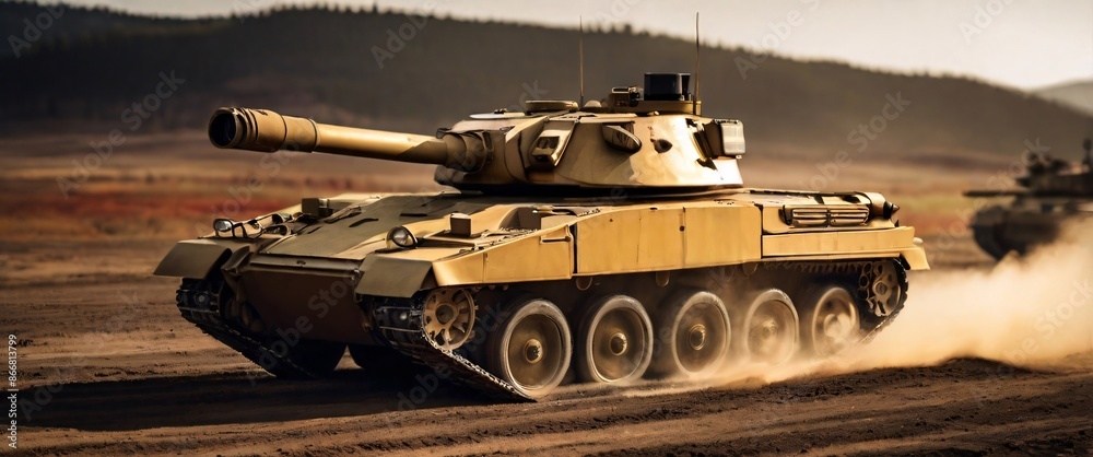 tank in a warzone, movie story seen trail cam footage, rear view, wide ...