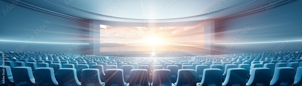 Empty cinema auditorium with rows of seats and bright screen, ready for ...