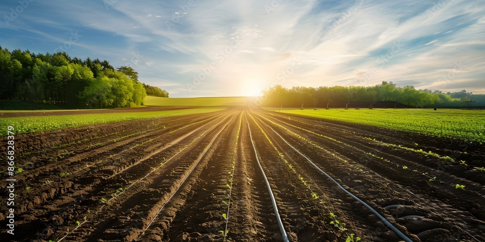 Sunny Field Ready for Planting with Irrigation Pipes. Concept Field ...