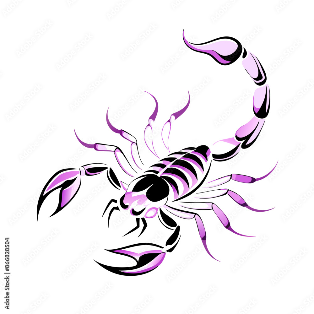 stylized scorpion illustration with a curved tail and pincers, drawn in ...